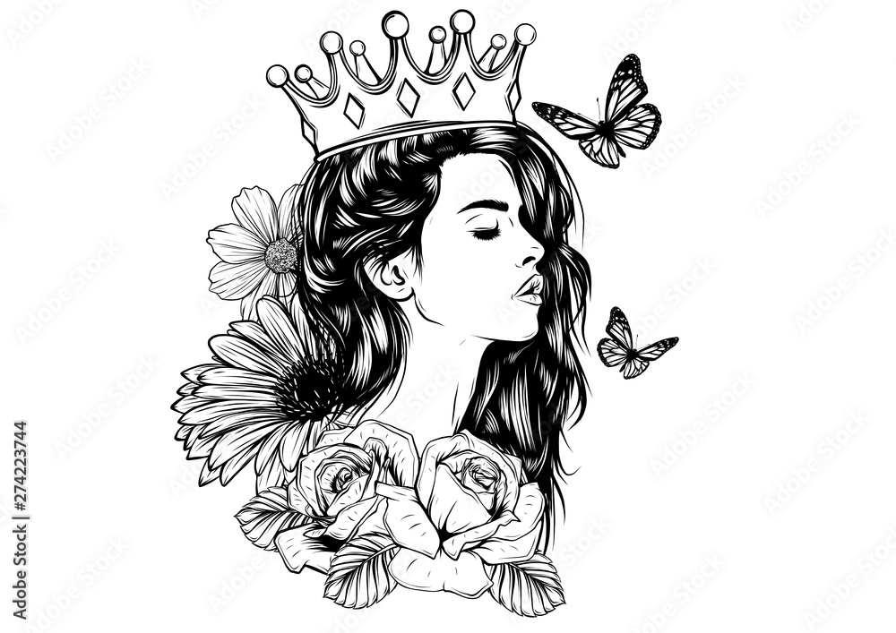 Beautiful girl in crown. Girl with long hair. Vector illustration for a ...