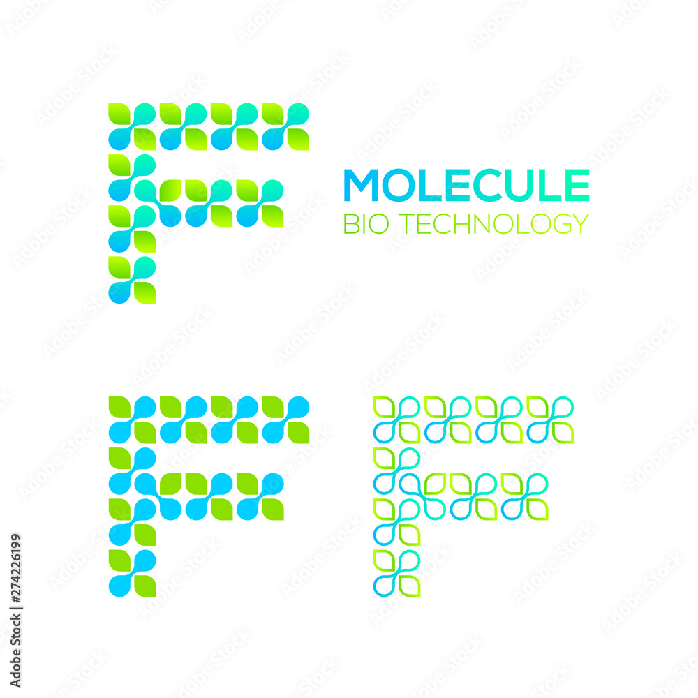 Letter F Logotype with Green Leave and Dots cross, Molecular cell ...
