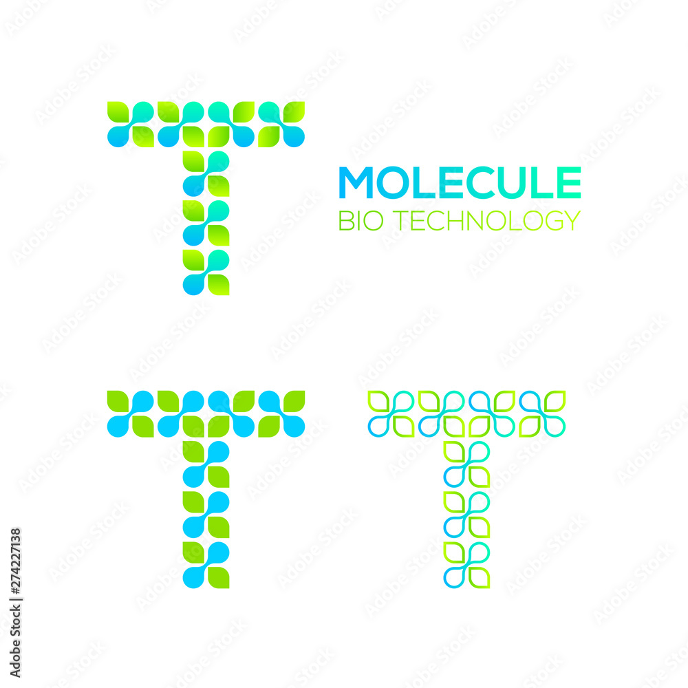 Letter T Logotype with Green Leave and Dots cross, Molecular cell ...