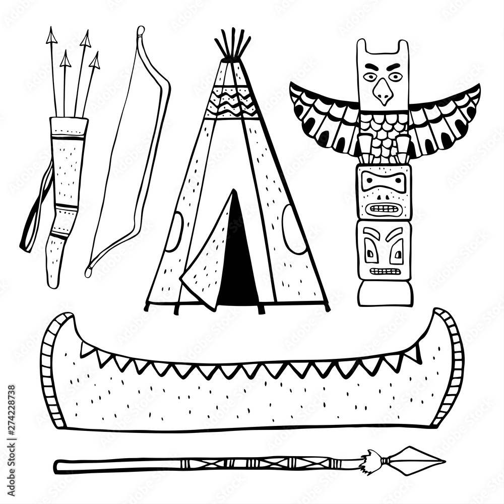 Native American indians traditional objects. Wigwam, totem pole, canoe ...