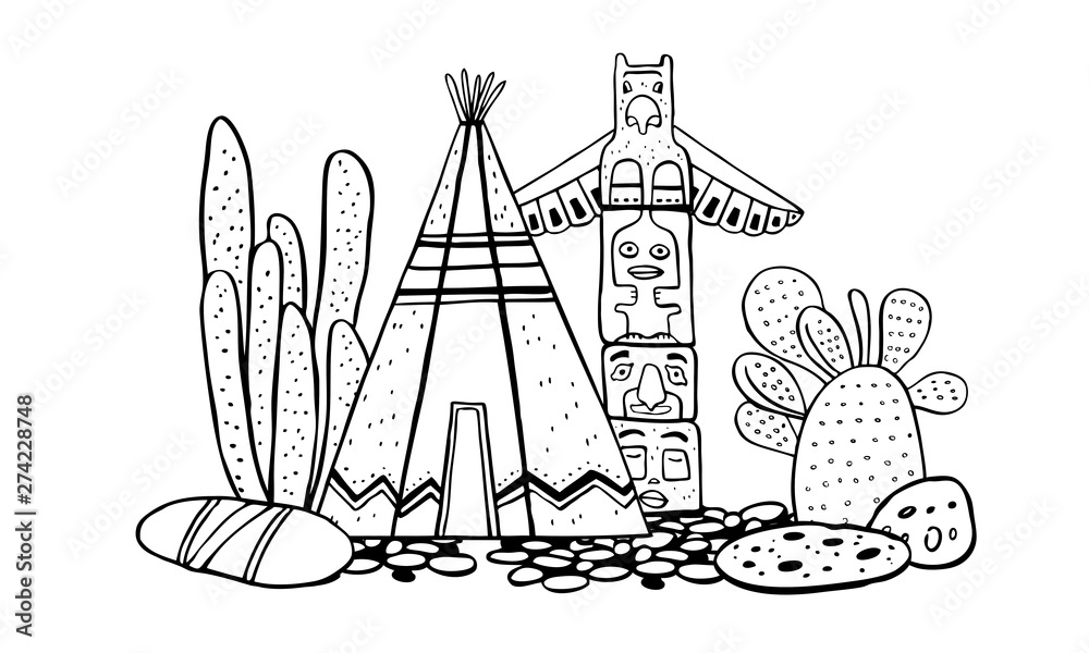 Native American traditional village. Tipi, totem pole and cactuses ...