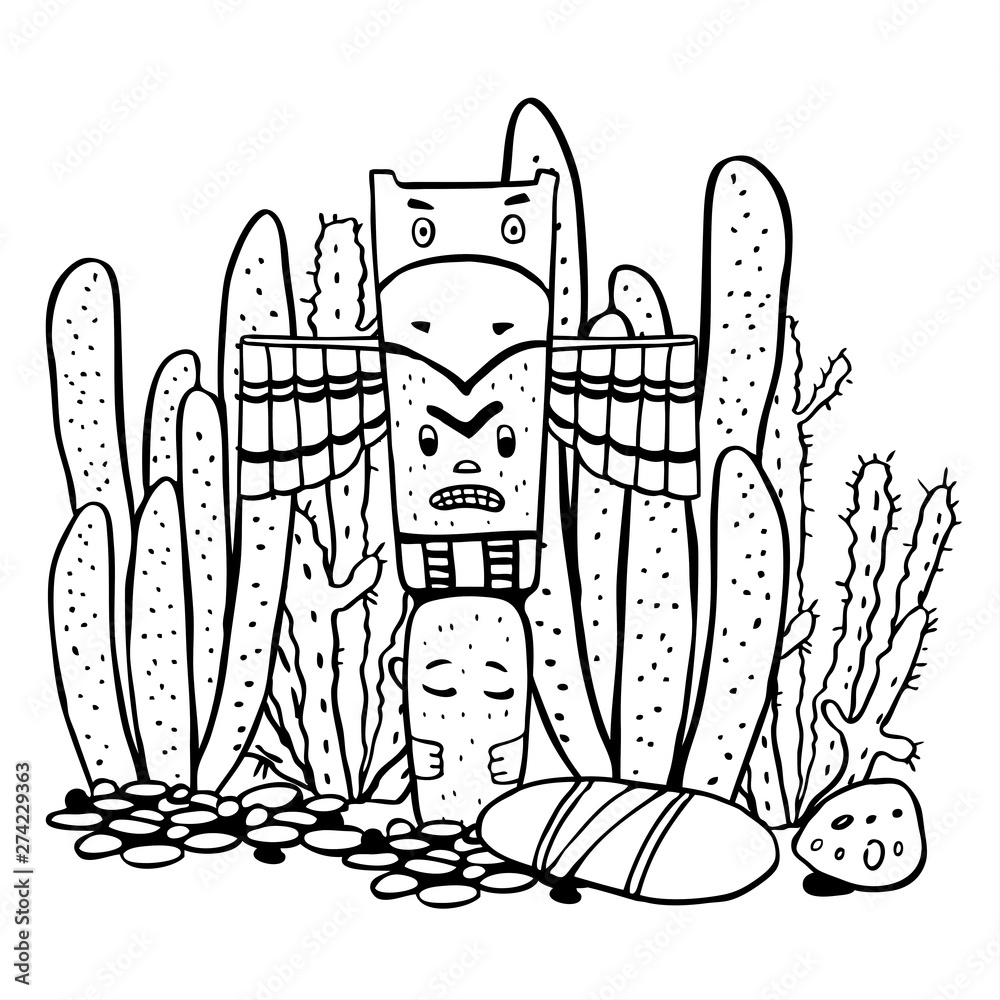 Native American Indians traditional totem pole and cactuses. Vector ...