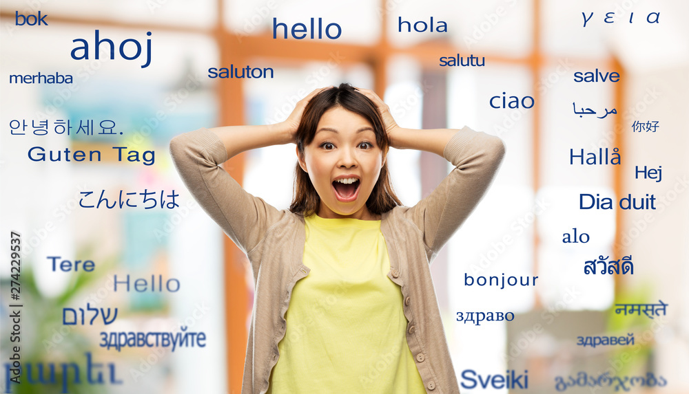 translation, education and people concept - happy asian young woman ...