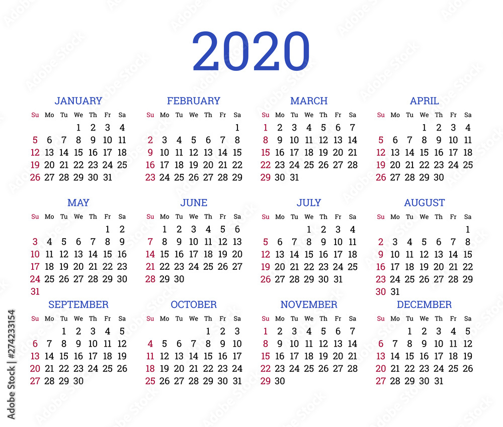 Simple classic calendar layout for 2020 year. English square template ...