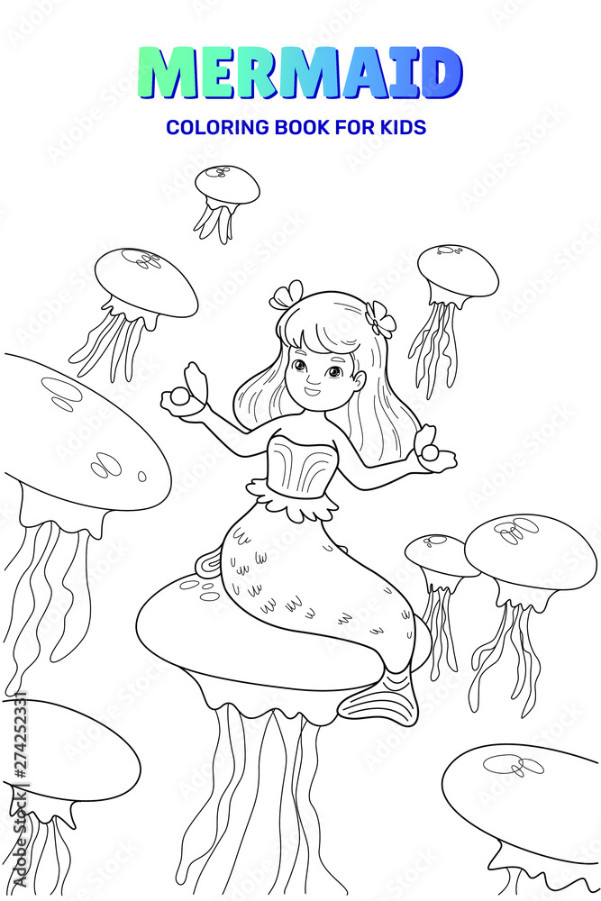 Cute mermaid cartoon character, vector illustration. Coloring book for ...