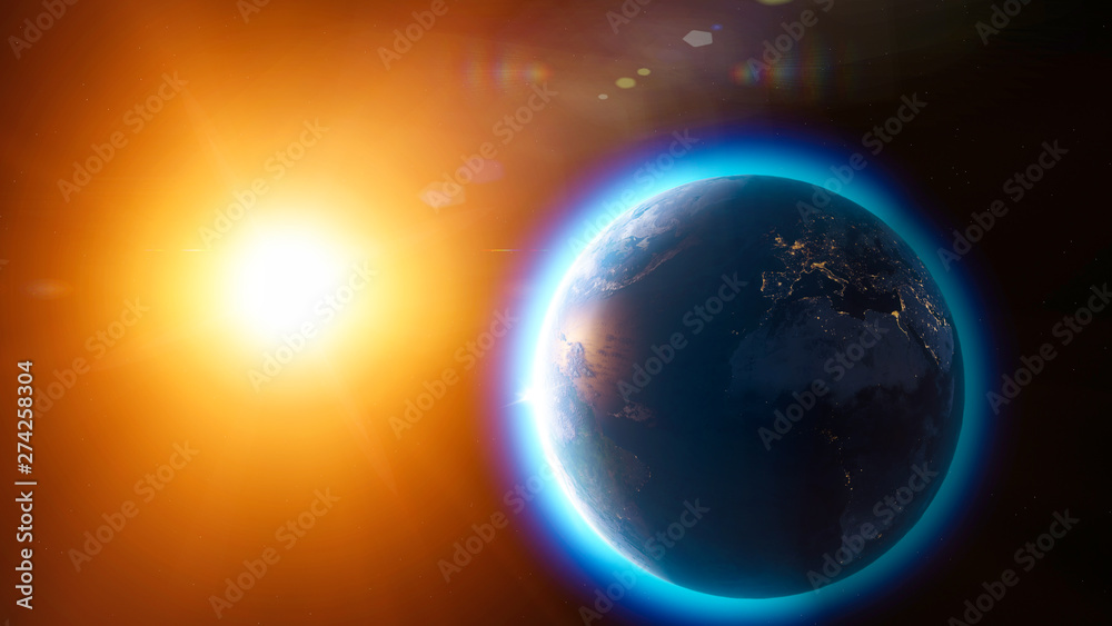 Global warming and climate change, satellite view of the earth and the ...