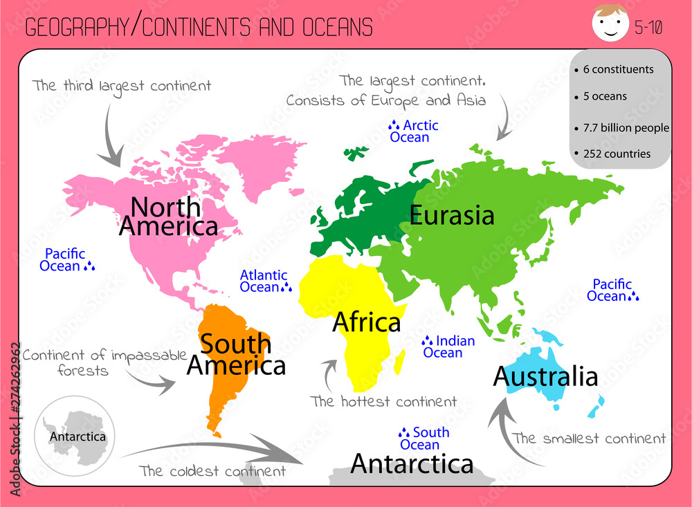 Six continents and five oceans. Educational flash cards for children ...