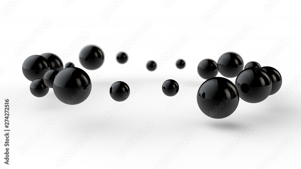 3D illustration of many small black balls, spheres arranged in a ring ...