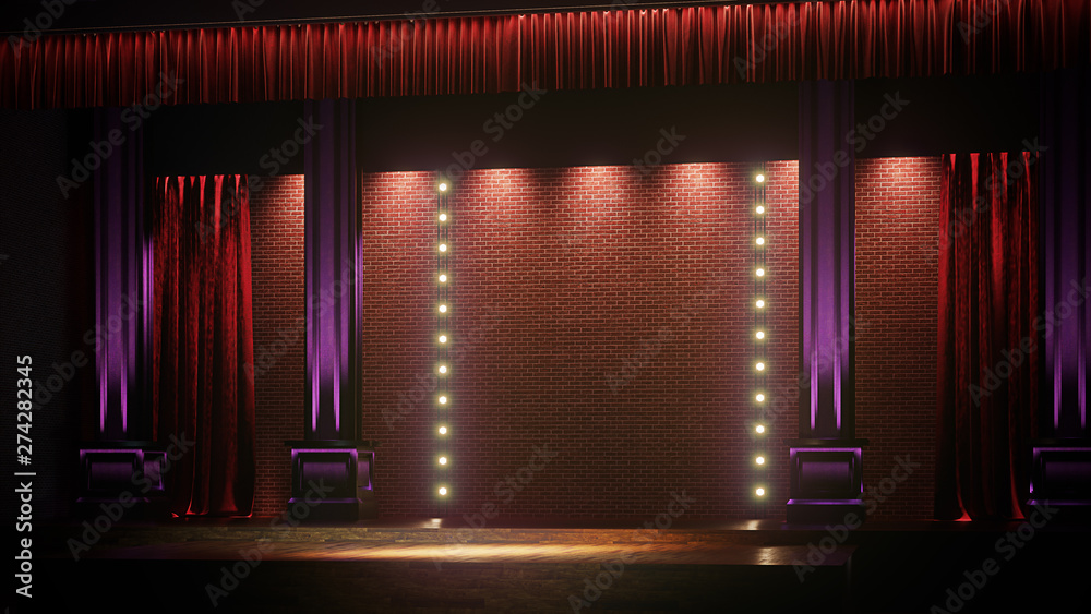 Dark empty stage with spot lights. Comedy, Standup, cabaret, night club ...