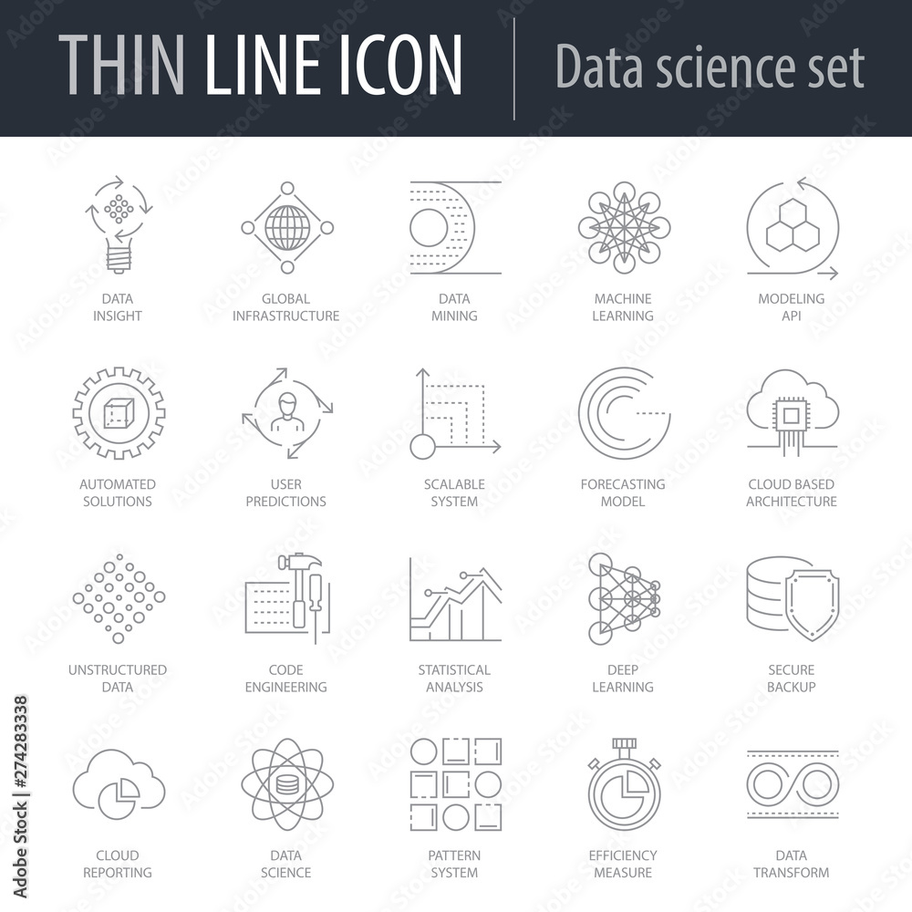 Icons Set of Data Science. Symbol of Intelligent Thin Line Image Pack ...