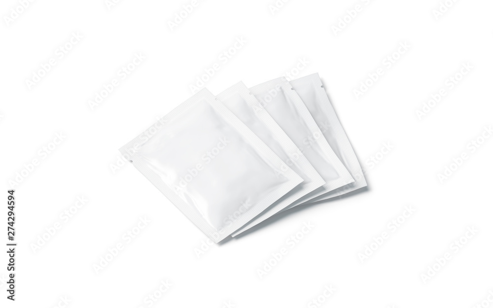 Blank white sachet packets stack mock up, isolated, side view, 3d ...