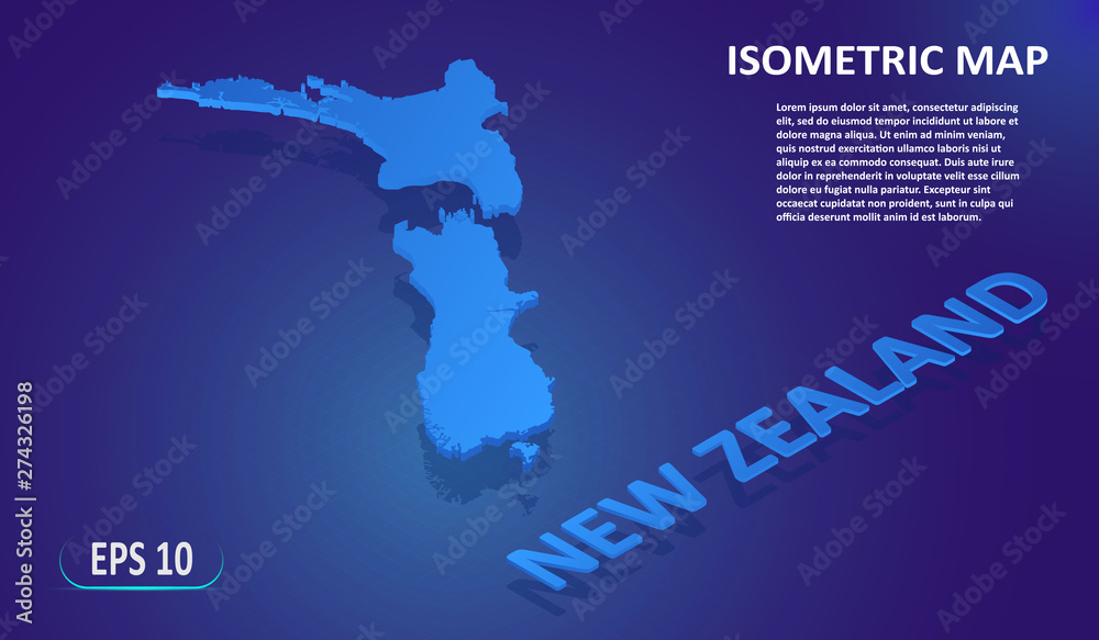 Isometric map of the NEW ZEALAND. Stylized flat map of the country on ...