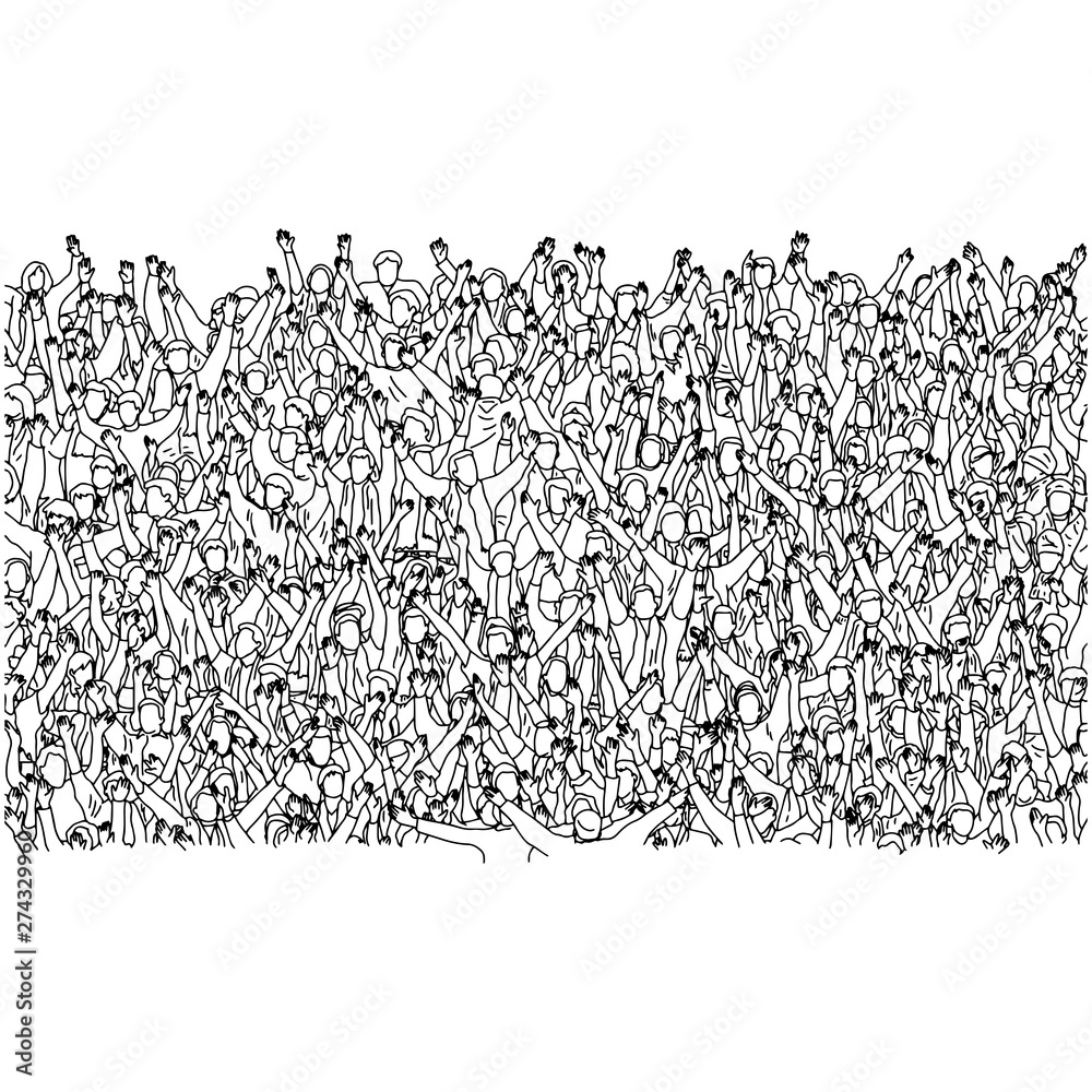 large group of people crowded on stadium raising hands to cheer vector ...