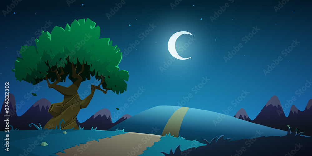 Cartoon illustration of the night summer countryside landscape. Moon in ...