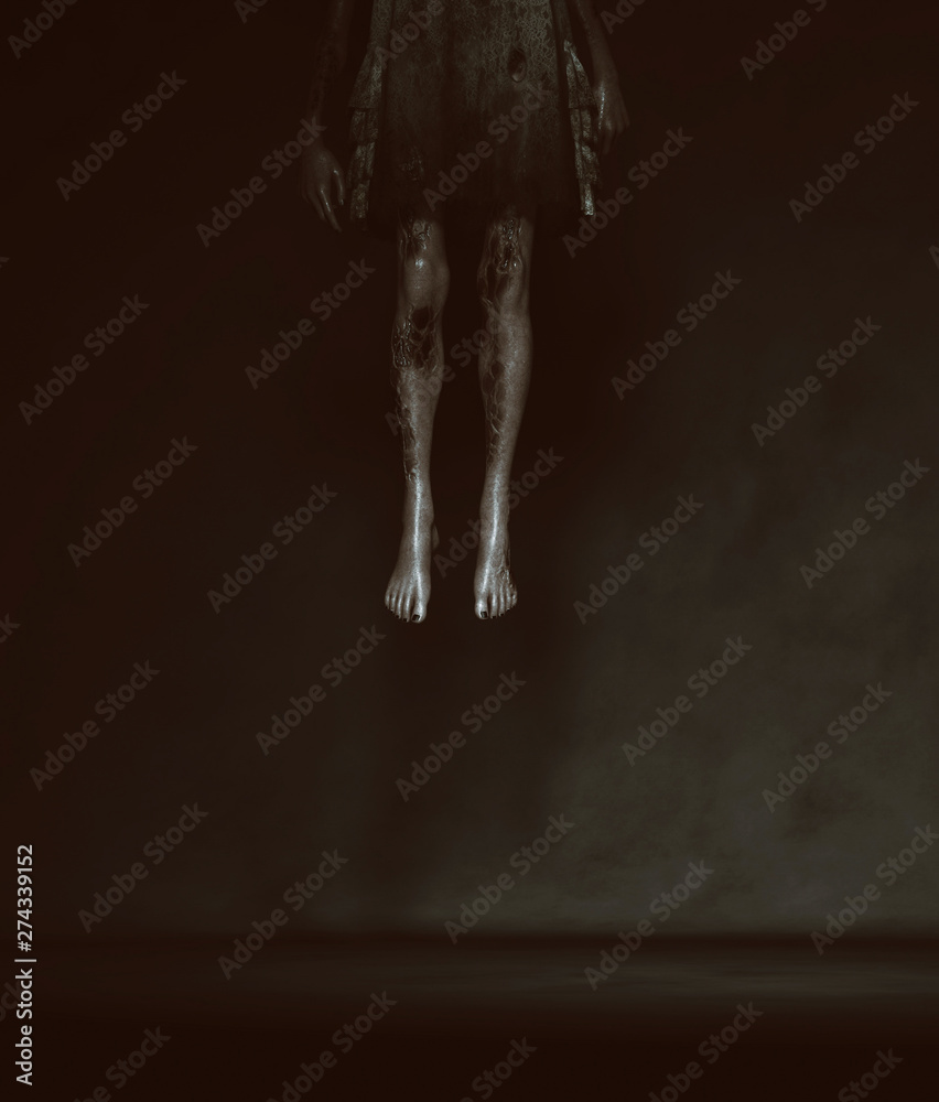 Devil's legs,3d illustration of dead body's legs hang from the ceiling ...