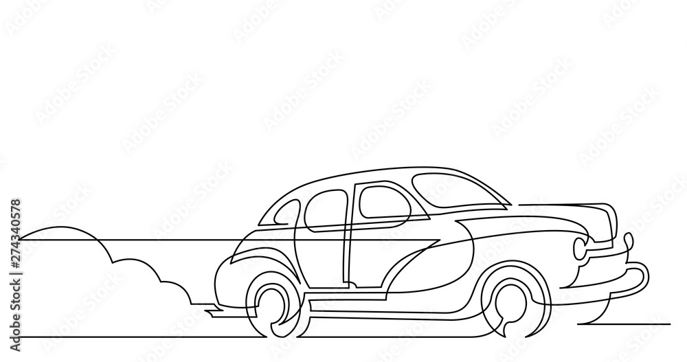continuous line drawing of vintage racing car driving on dusty road ...