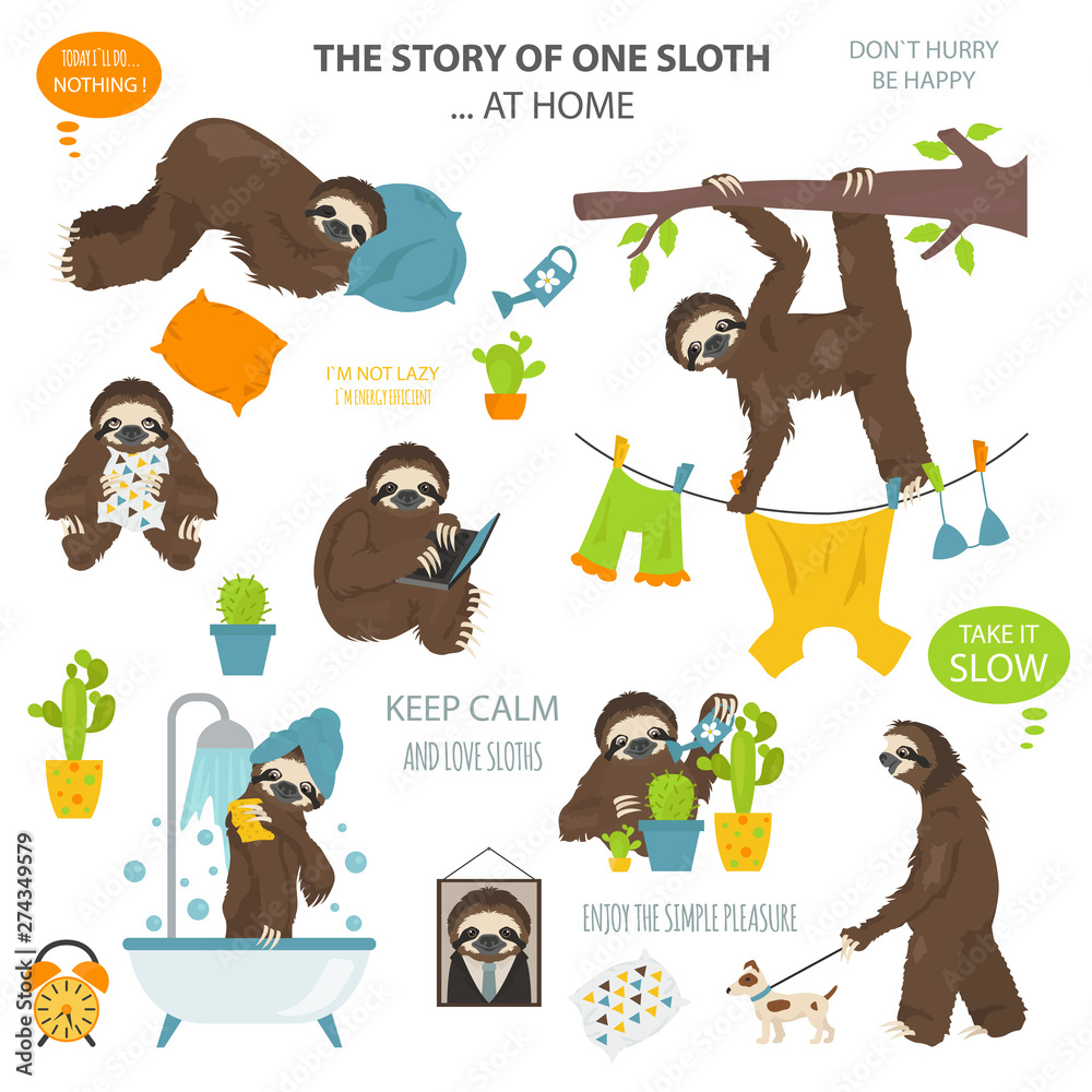 The story of one sloth. At home. Funny cartoon sloths in different ...