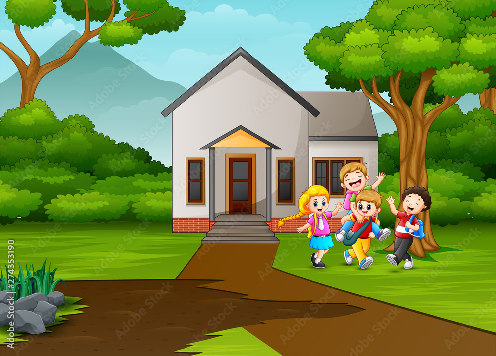 Cartoon school children in front the house Stock Vector | Adobe Stock