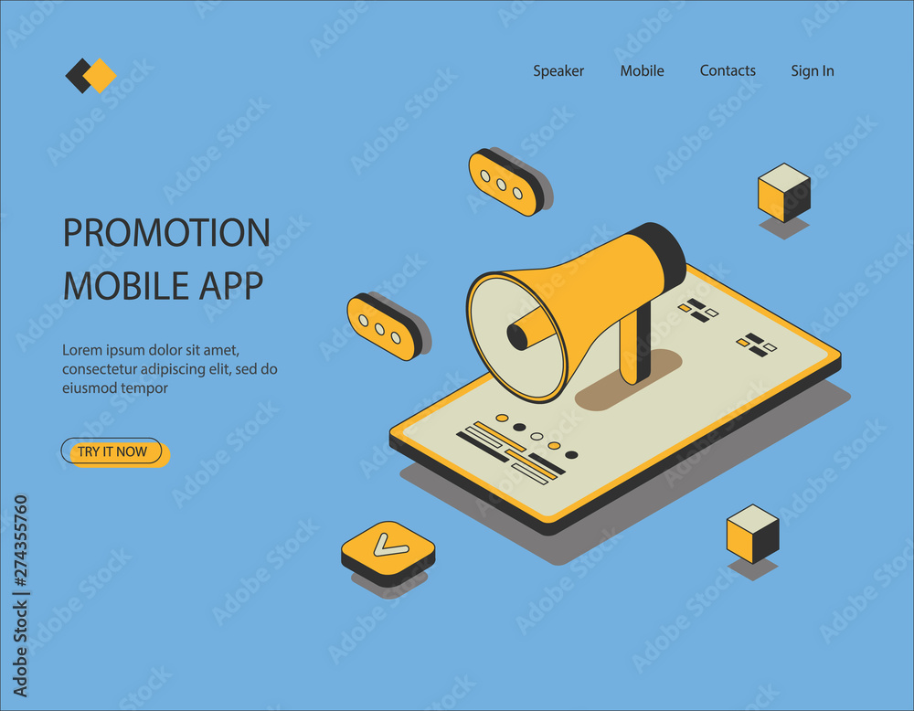 Isometric image on blue background of mobile app promotion ...