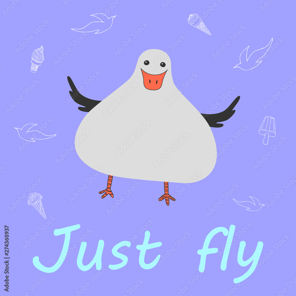 A fat funny gray duck flaps its small wings trying to take off. On the ...