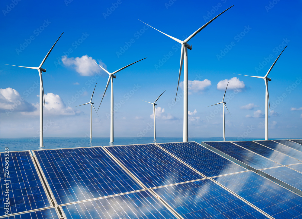 Solar energy panel photovoltaic cell and wind turbine farm power ...