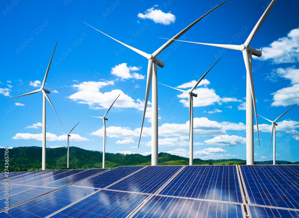 Solar energy panel photovoltaic cell and wind turbine farm power ...