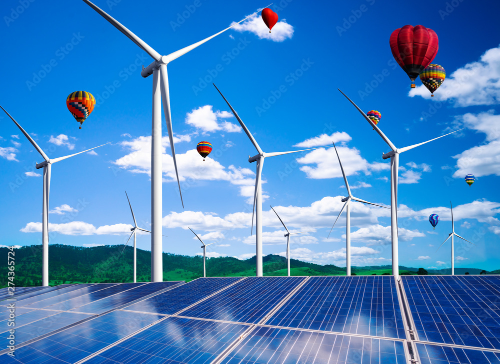 Solar energy panel photovoltaic cell and wind turbine farm power ...