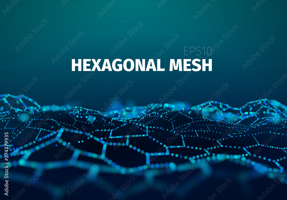 Data mesh connection. 3d futuristic blue background. Hexagonal ...