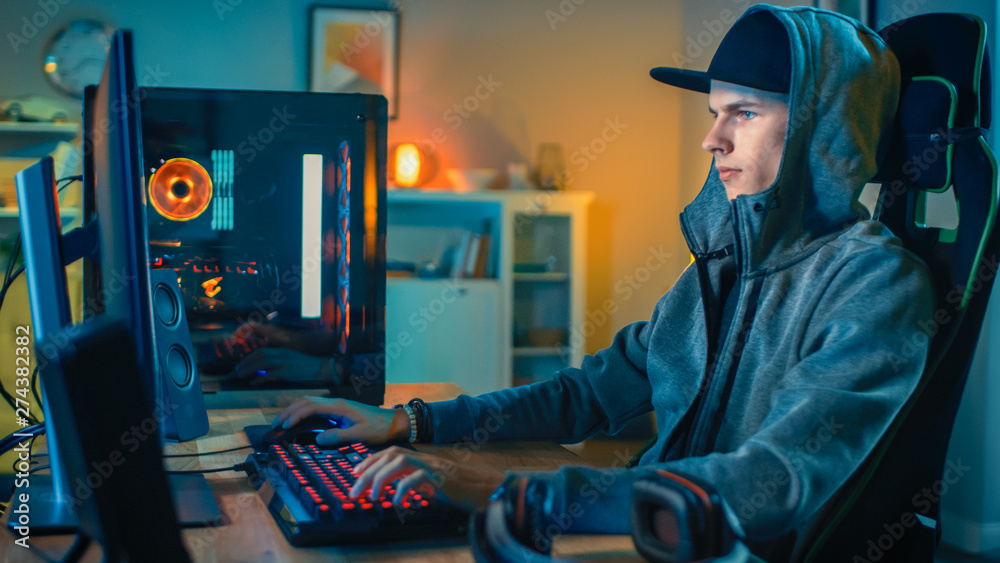 Professional Gamer or Streamer Playing First-Person Shooter Online ...