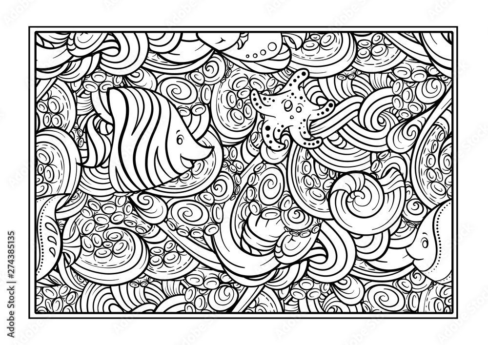 Vector sea creatures doodle background. Adult coloring page with ...
