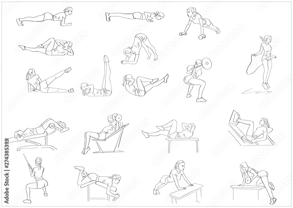 Set of female fitness exercises. Powerlifting, plank, abc, push-ups ...