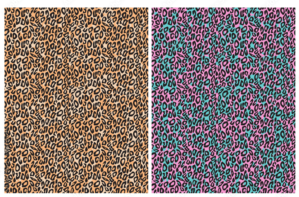 Abstract Leopard Skin Vector Pattern Set. Black Leopard Print on a Pink ...