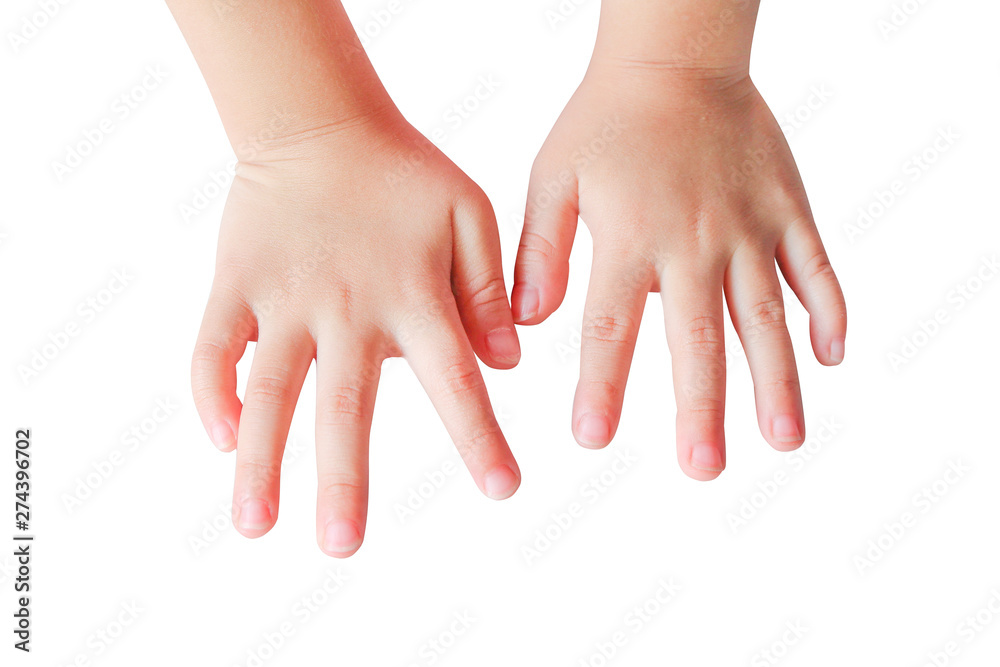Right and left hands of Asian little child girl top view isolated on ...