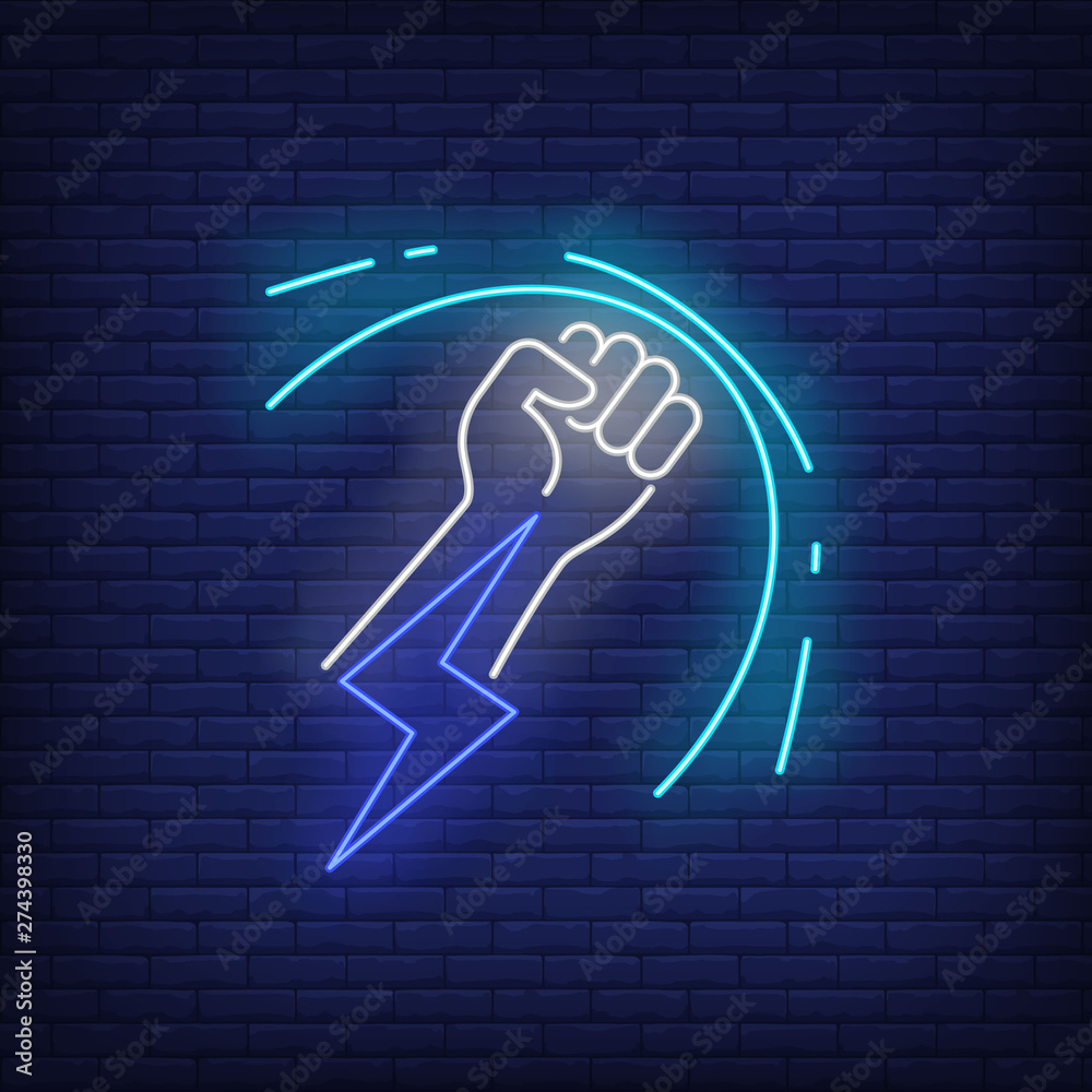 Flying fist with lightning neon sign. Justice, freedom, power design ...