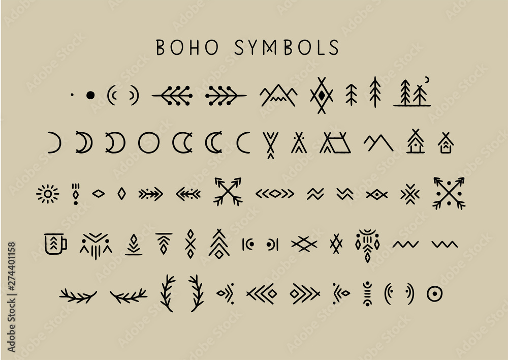 Vector set of line art symbols for logo design and lettering in boho ...