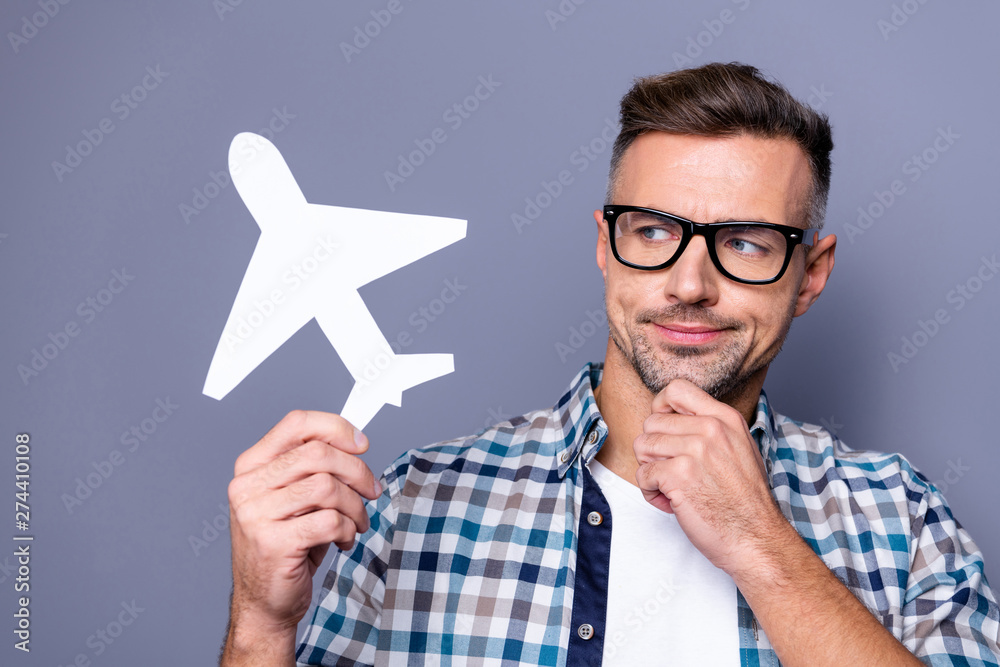 Close up photo handsome he him his guy arm hand chin showing paper ...