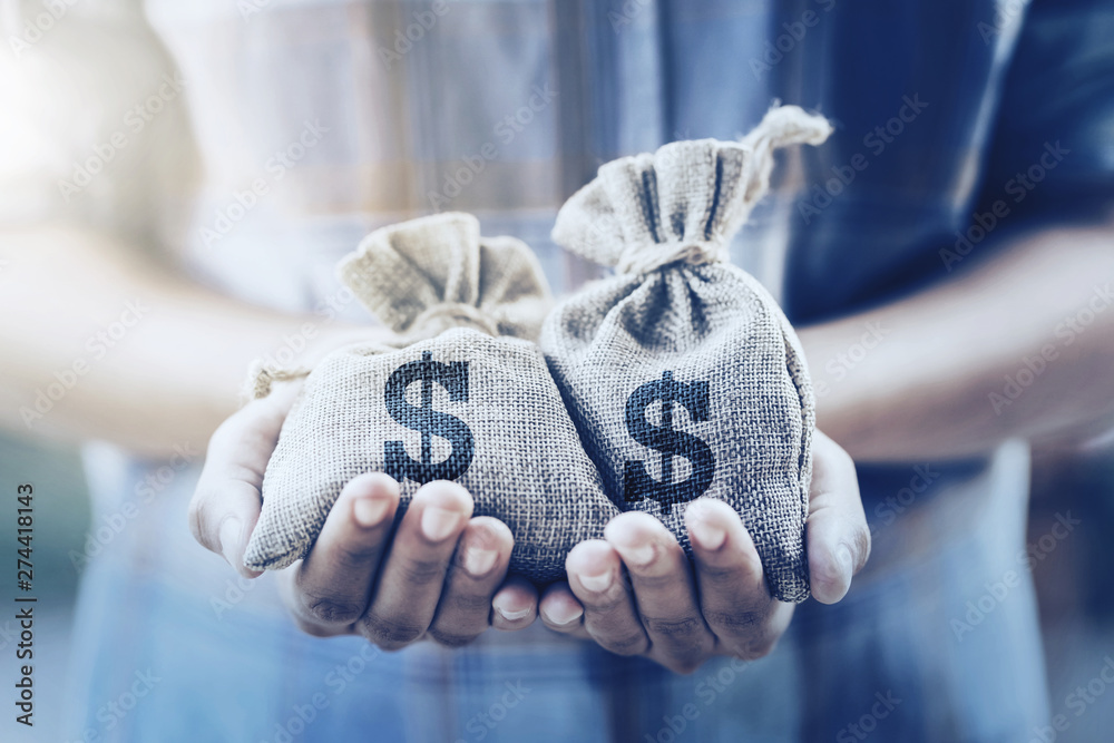 hand holding money bag. concept saving finance and accounting Stock ...