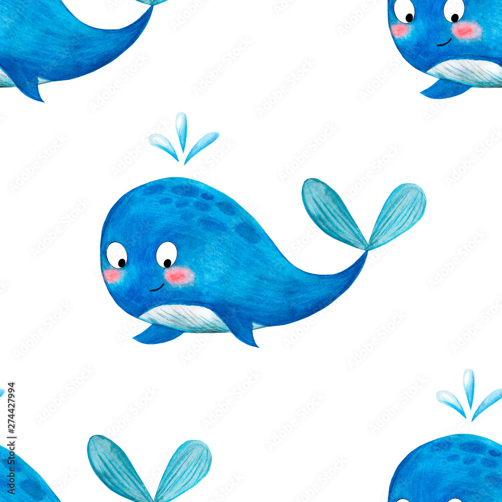 Watercolor cartoon whale. Seamless whales cartoon background ...