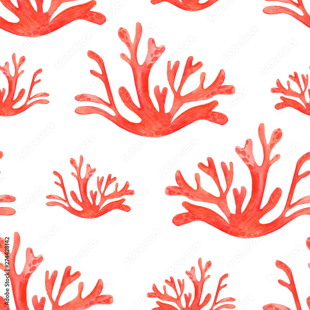 Watercolor coral reef seamless pattern. Hand drawn cartoon background ...