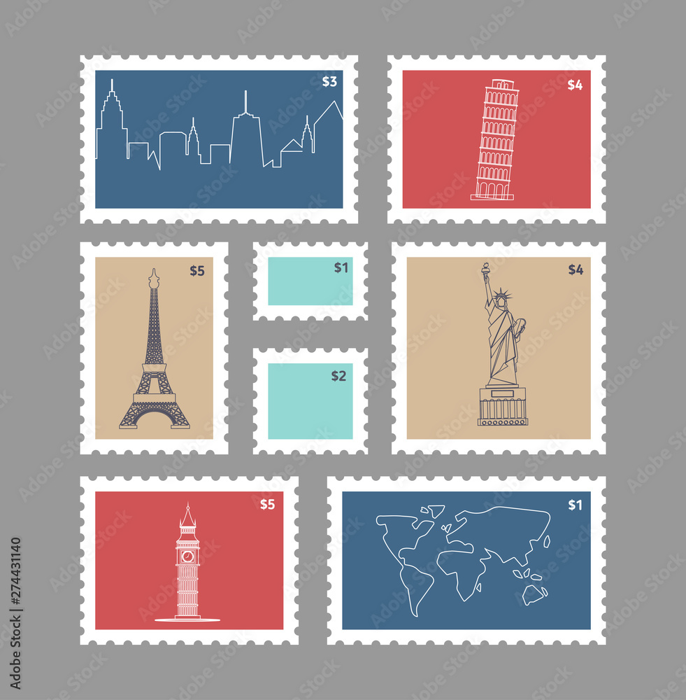 Poster set of postage stamps with line travelling city national ...