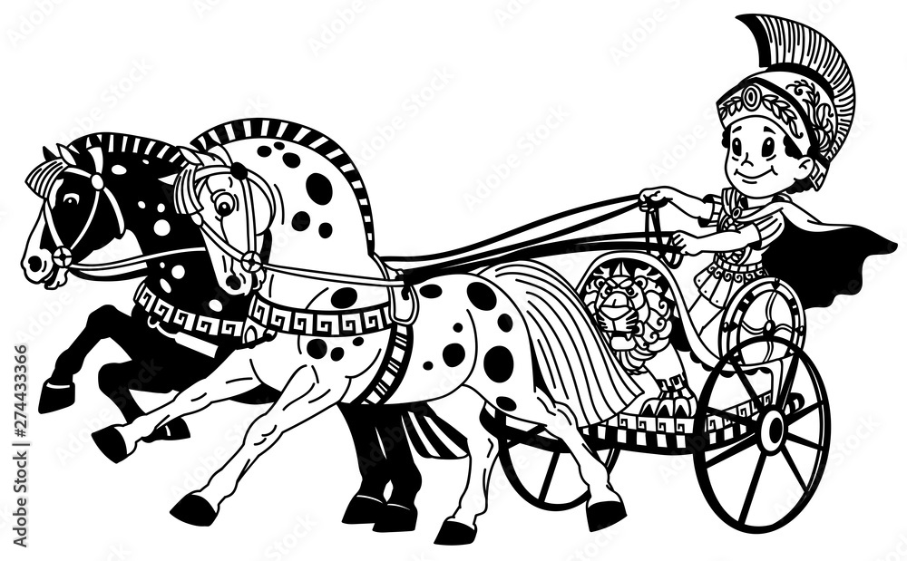cartoon boy warrior in a roman chariot pulled by two horses. Black and ...