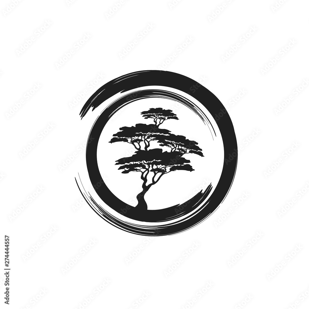 circle brushstroke with bonsai tree inside illustration logo design ...