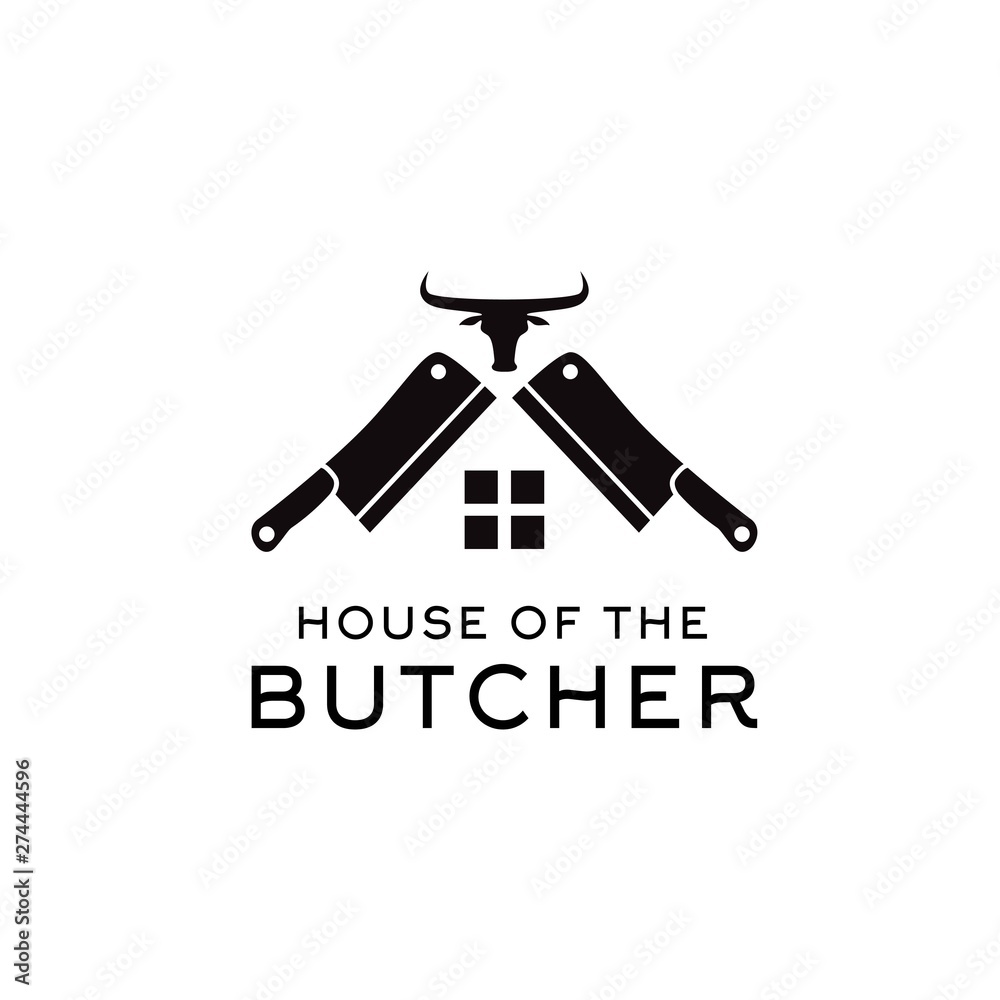 Butcher knife with buffalo head and house restaurant logo design Stock ...