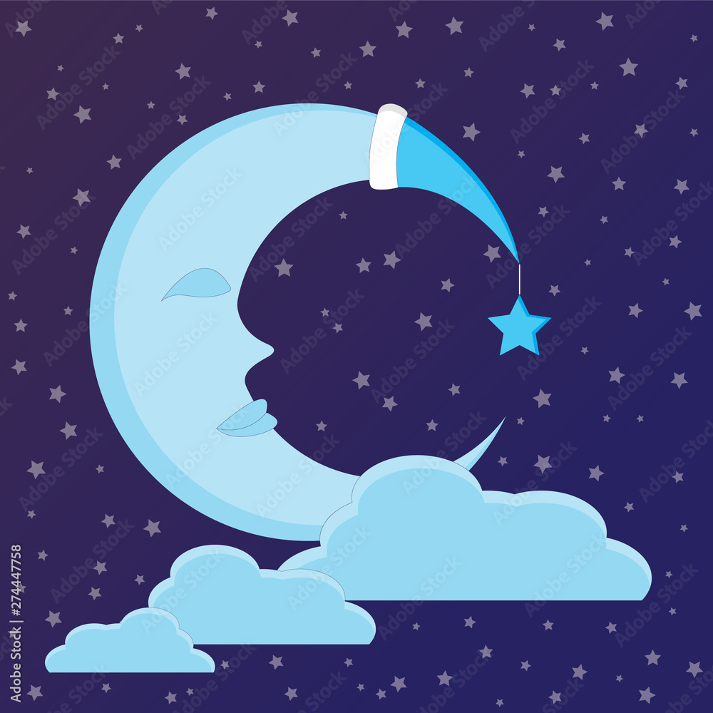 Sleeping Moon with Clouds in the Starry Night Sky Vector Illustration ...