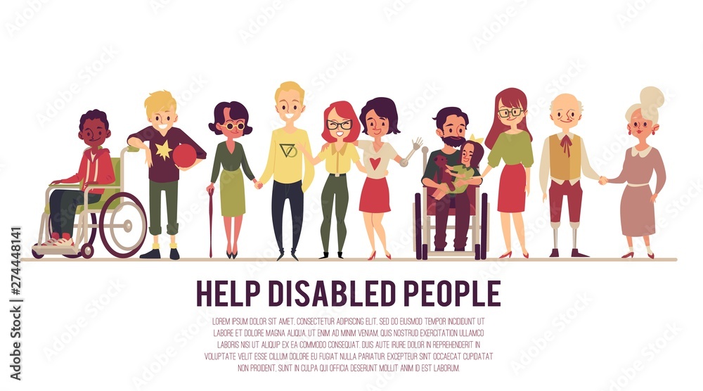 Help and support of disabled people banner flat vector illustration ...