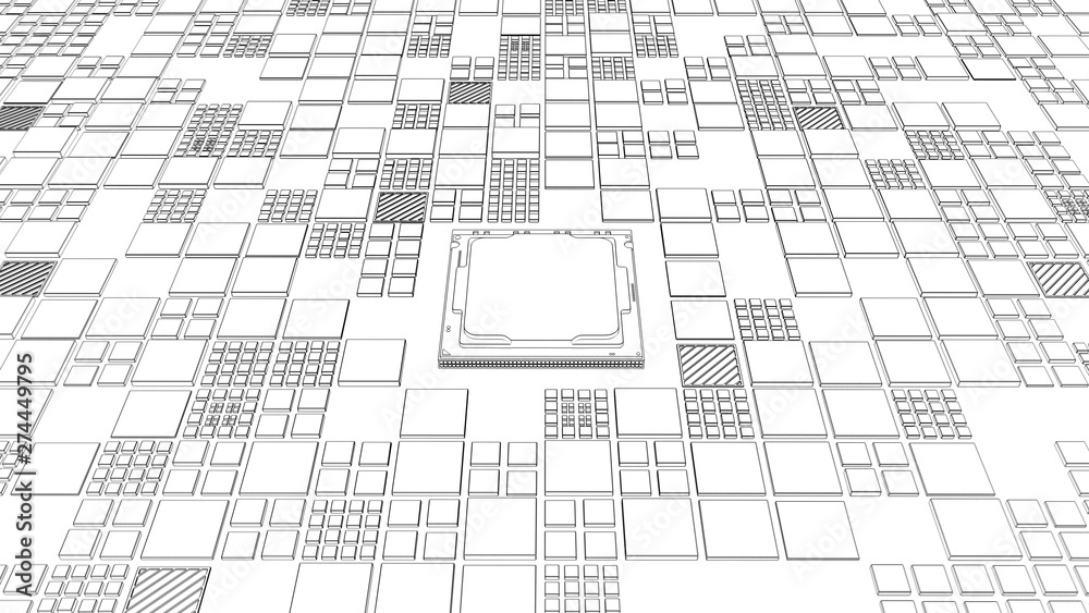 Abstract Motherboard circuit with CPU, microchips and animated electric ...