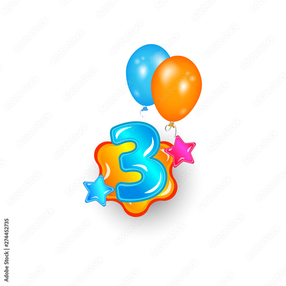 Cartoon number three sticker label with balloons isolated on white ...
