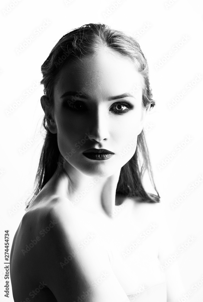 Beautiful Girl Model With Red Lips Make Up And Naked Shoulders Classic