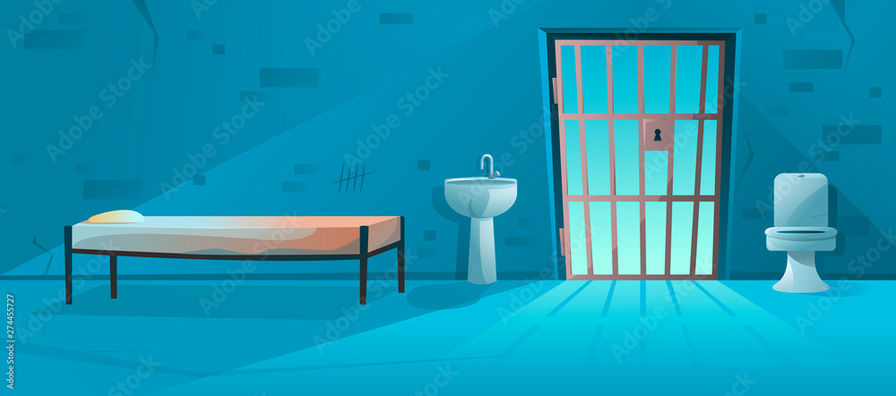 Jail room. Prison cell interior with lattice, grid door, bed, toilet ...