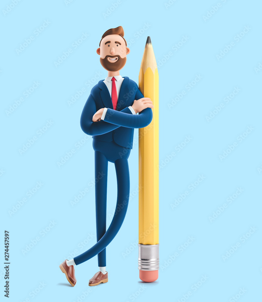 Cartoon character Billy with a big pencil. 3d illustration on blue ...